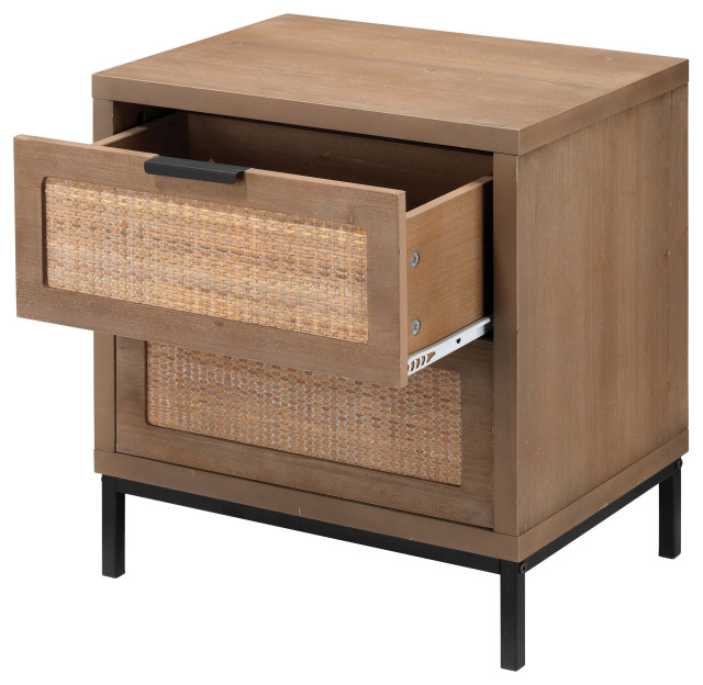 Luxe Woven Raffia Front 2 Drawer Accent Table Chest Casual Light Wood ...