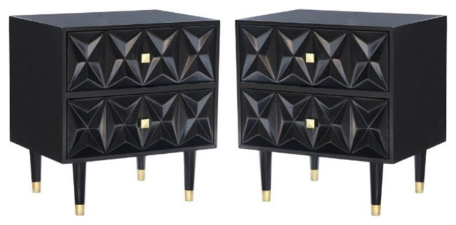 Home Square 2 Drawer Wood Geo Texture Nightstand in Black - Set of 2 ...