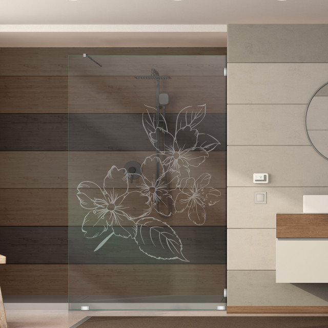 Fixed Shower Glass Panel / Screen with Decorative Frosted Sandblasted Design, 37-1/2" X 75 ...