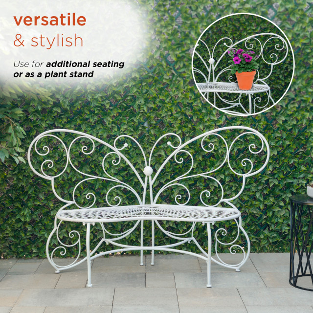 62"L Indoor/Outdoor 2 Person Metal Butterfly Shaped Garden Bench, White ...