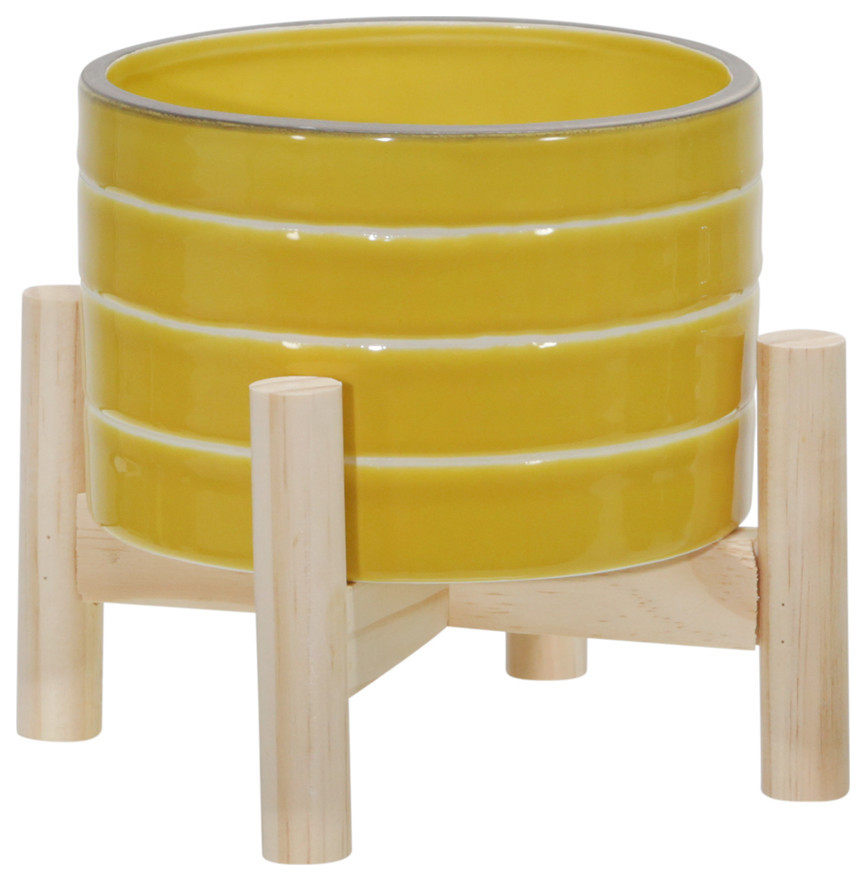 6" Ceramic Striped Planter With Wood Stand, Yellow - Contemporary ...