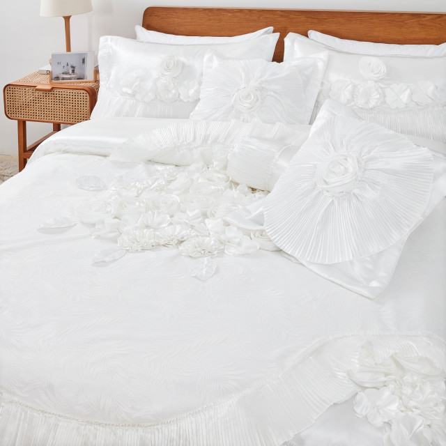 6-Piece White Sweet Victorian Satin Comforter Bedding Set, Queen ...