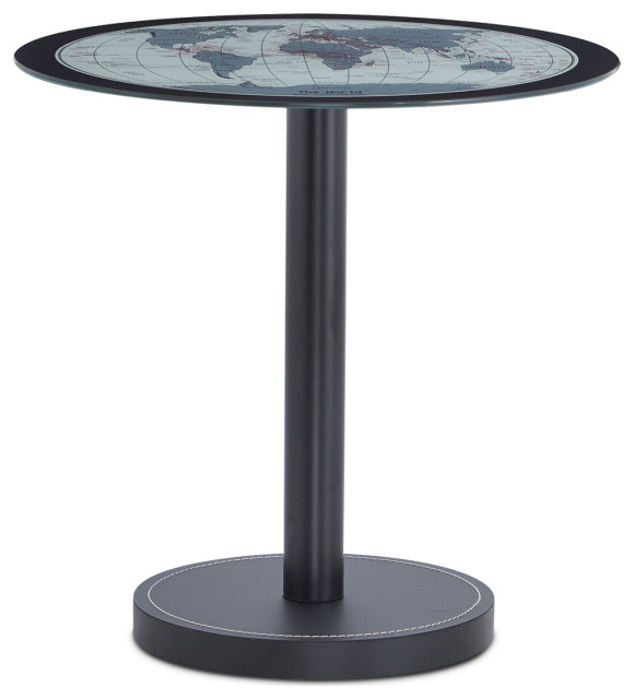World Map Black Leather Side Table - Contemporary - Side Tables And End ...