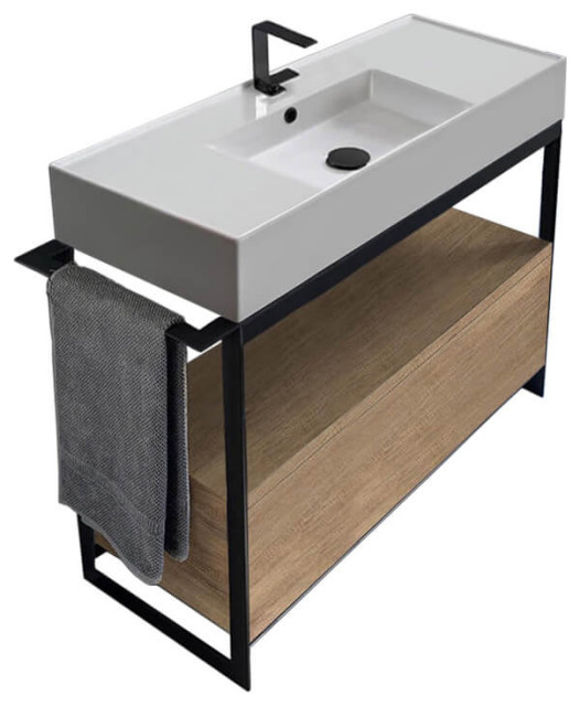 Console Vanity With Center Basin Ceramic Sink and Natural Brown Oak ...