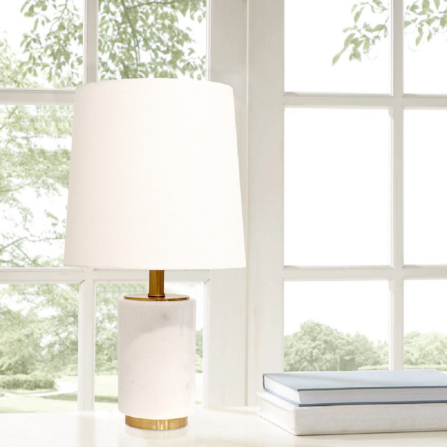 Modern Marble Pillar Leon Table Lamp with Light E27 Bulb, White & Gold ...