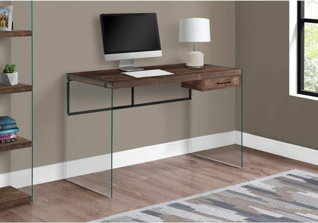 Modern Desk, Clear Tempered Glass Legs With Brown Reclaimed Wooden Top ...
