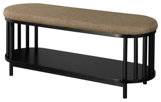 Black Entryway Bench with Upholstered Seat, Oval Design, and Spindle ...
