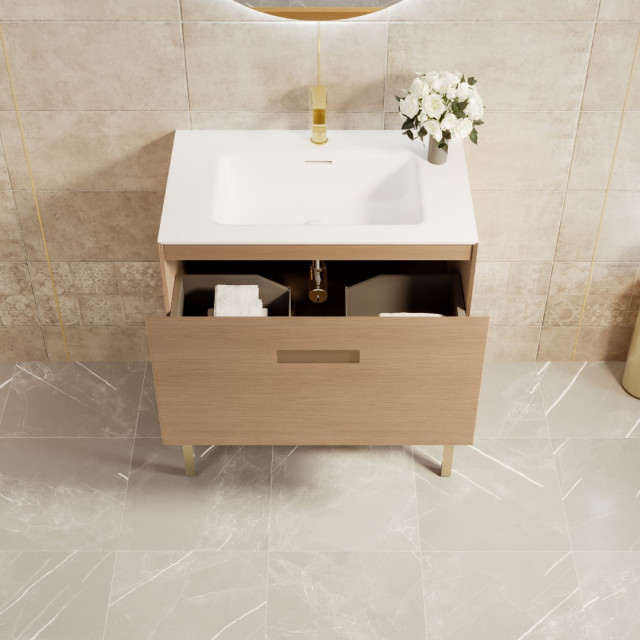 Iris 30"W Oak Freestanding Vanity With White Solid Surface Integrated ...