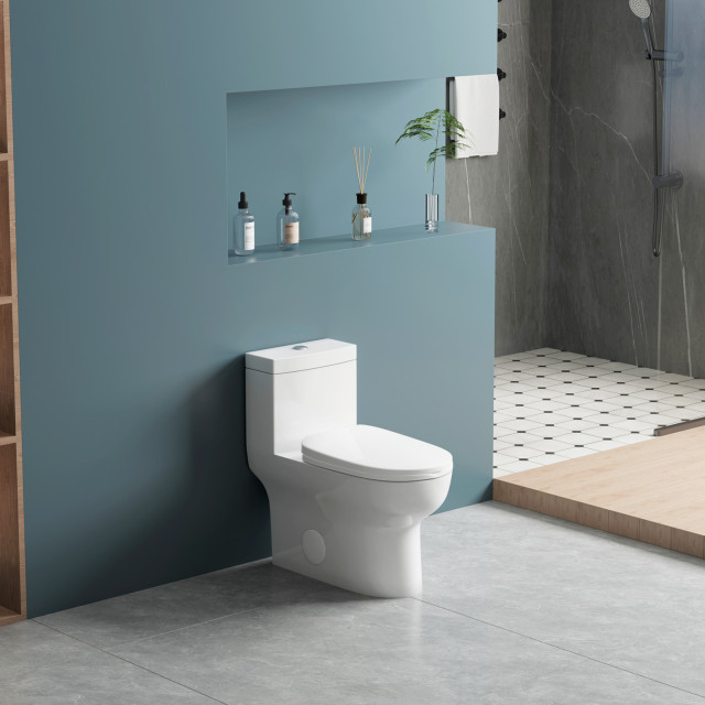 Sinber 28" One Piece Bathroom Toilet with Cotton White Finish and and ...