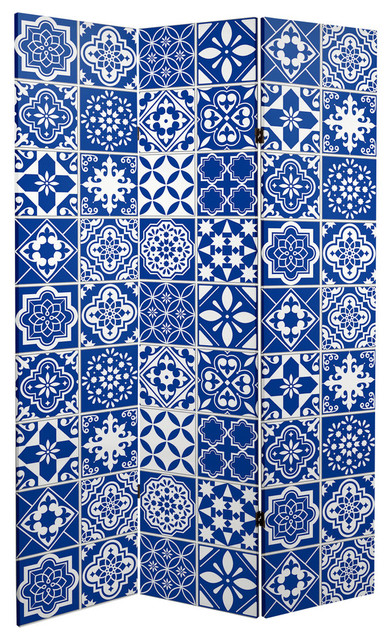 6' Tall Double Sided Blue and White Tile Canvas Room Divider ...