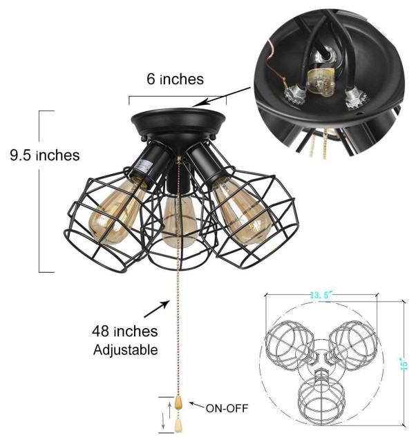 LNC 3-Light Industrial Pull-String Ceiling Lamp, Matte Black ...