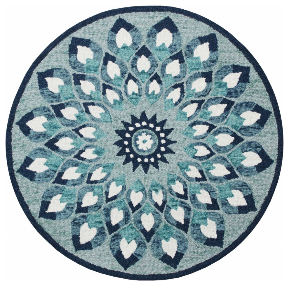 4??Round Blue and White Floral Feather Area Rug, 4' Round ...
