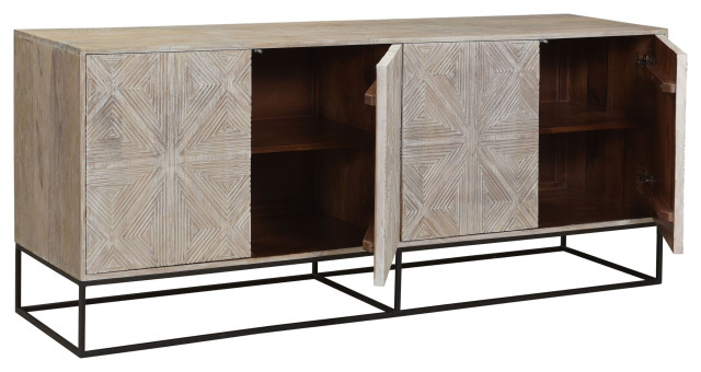 Zion 84" Mango Wood Carved Sideboard With Iron Base - Industrial - Buffets And Sideboards - by ...