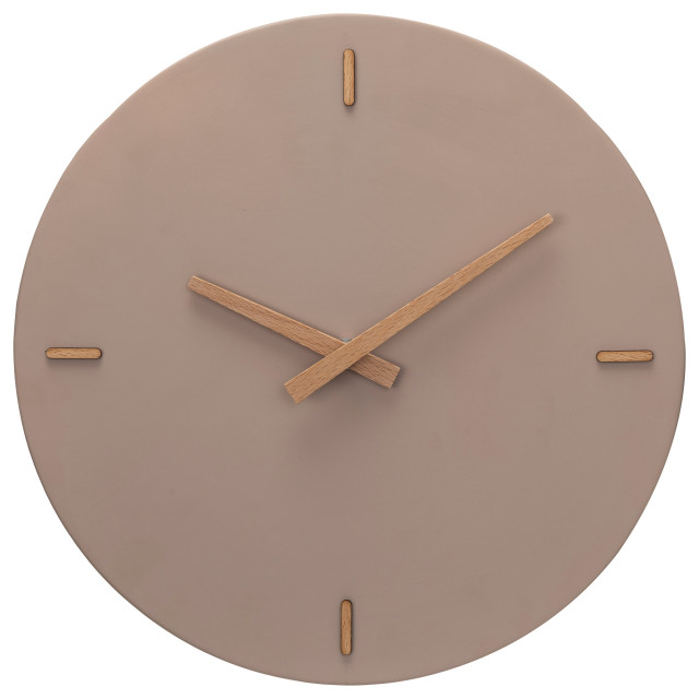 Round Stoneware and Wood Wall Clock, Beige and Natural - Contemporary ...