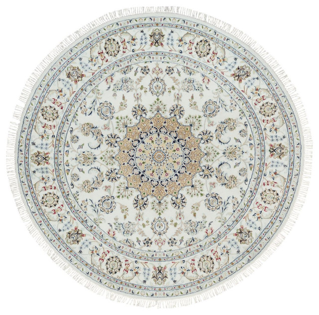 White, Organic Wool, Hand Knotted, Nain Design 250 KPSI Round Rug, 6'5 ...