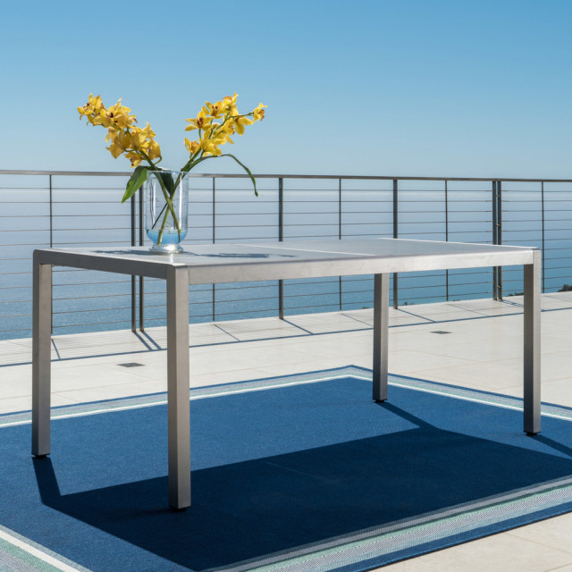 GDF Studio Coral Bay Outdoor Gray Aluminum Dining Table With Tempered ...