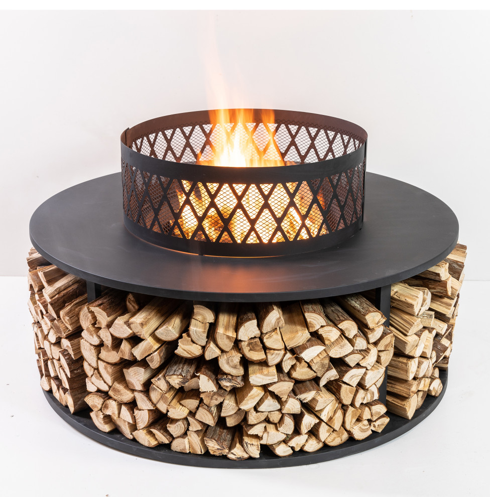 38" Diameter Outdoor Steel Woodburning Fire Pit, Log Storage ...