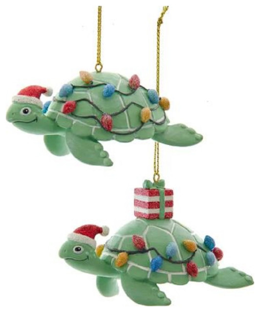 Whimsical Green Sea Turtles in Santa Hats Christmas Holiday Ornaments ...