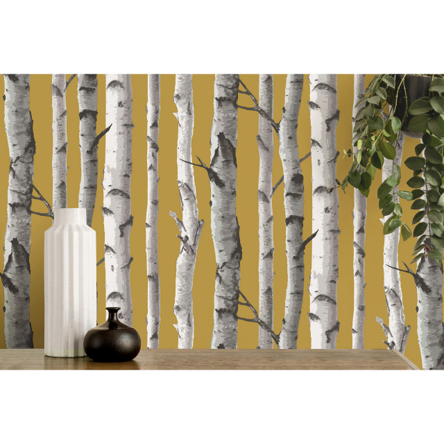 Chester Mustard Birch Trees Wallpaper, Swatch - Rustic - Wallpaper - by ...