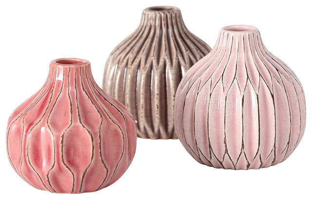 3 Piece PInk/Mauve/Rose Stoneware Table Vase Set - Farmhouse - Vases ...