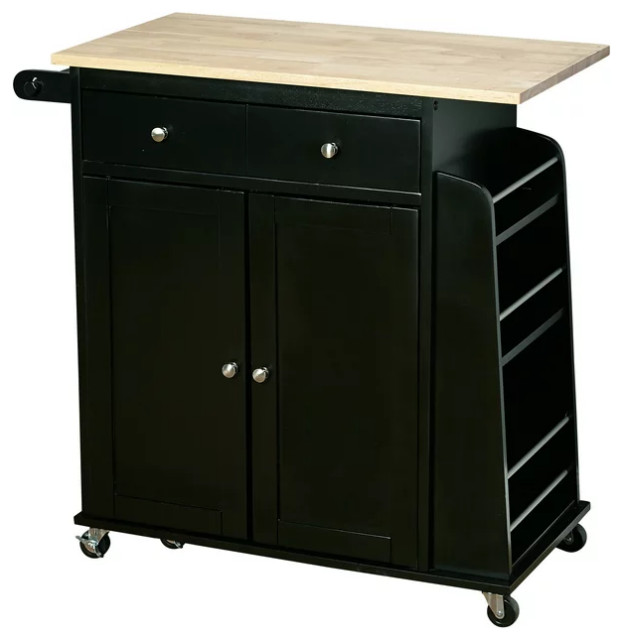 Modern Kitchen Cart, 2 Doors Cabinet & Side Open Shelves With Natural ...