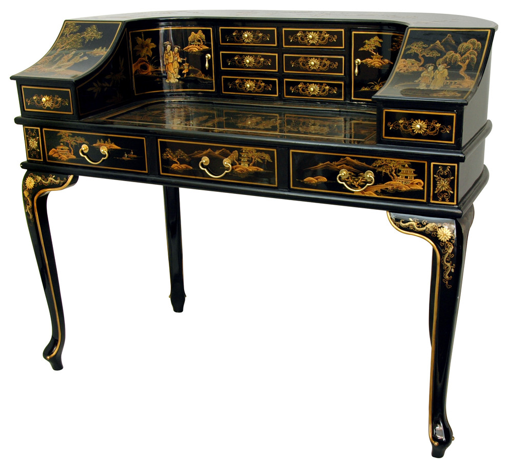Black Lacquer Ladies Desk With Gold Chinoiserie - Asian - Desks And ...