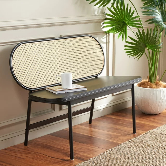 Coastal Cane Bench with Wooden Frame and Oval Rattan Back, Black ...