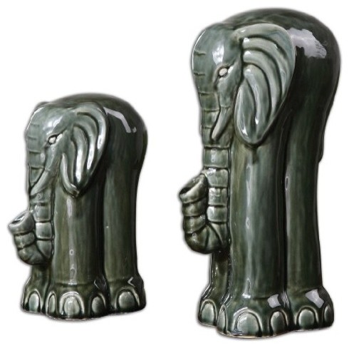 Uttermost Green Elephants Figurines in Dark Green Ceramic ...