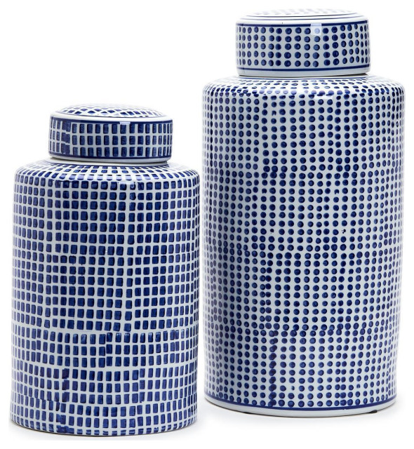 Two's Company Set of 2 Blue & White Covered Decorative Jars ...