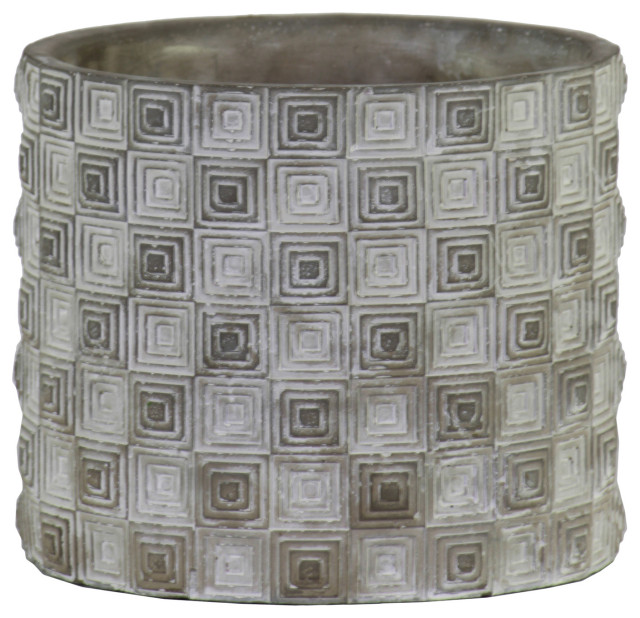 Circular Cement Pot with Embossed Geometrical Rectangular design, Gray ...