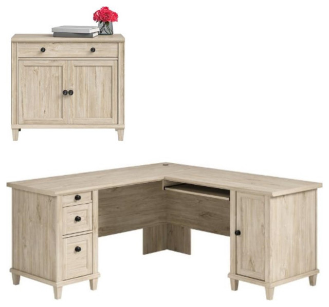 Home Square 2-Piece Set with L-Shaped Desk & Library Base in Chalk Oak ...