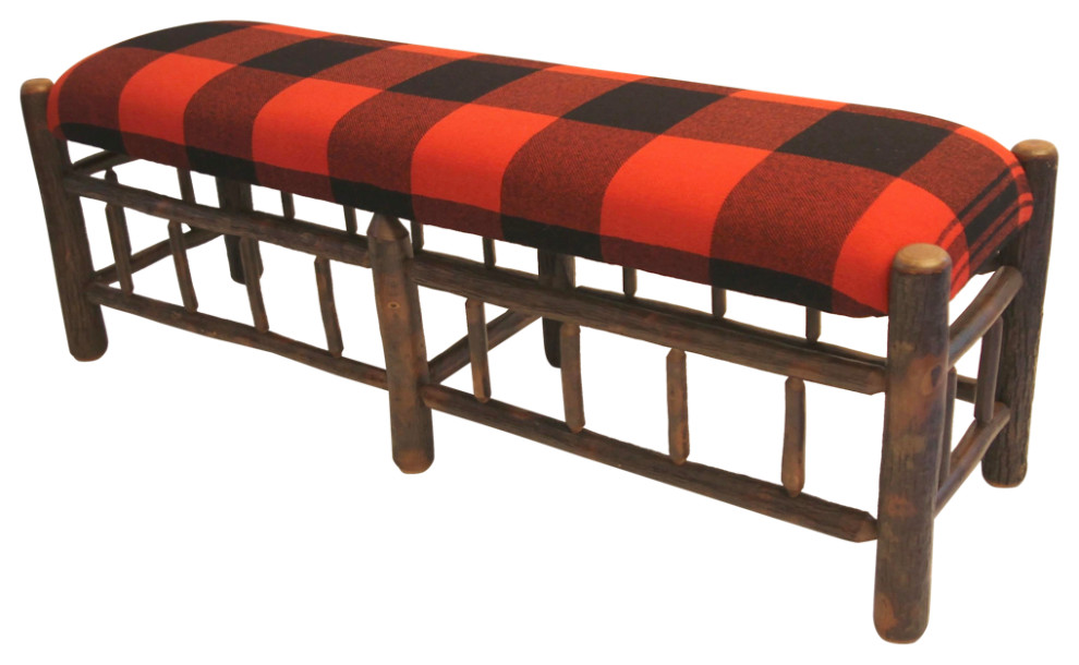 5' Hickory Bench Upholstered W/Black & Red Wool Buffalo Check - Rustic ...