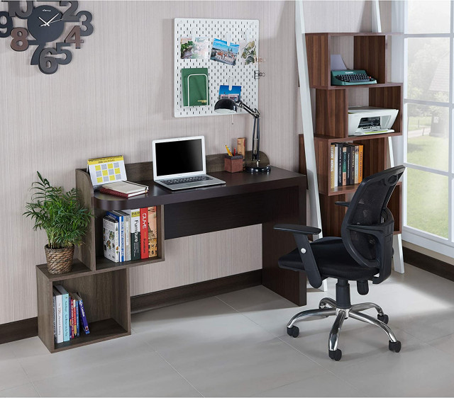 Writing Desk, Unique Staggered Design With Open Shelves, Walnut and ...