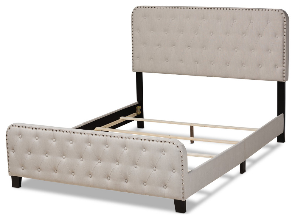 Transitional Full Bed, Rounded Linen Headboard With Nailhead Trim ...