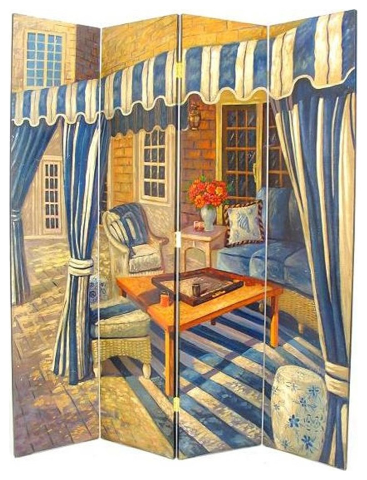 Wooden 4 Panel Room Divider with Outdoor Patio Scene Multicolor ...