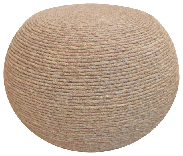 Ellie Round Pouf in Beige Wool With Polyester Filling - Transitional ...