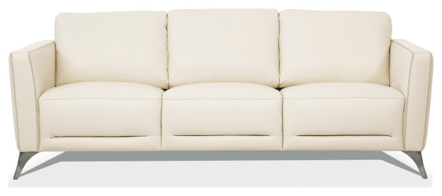 Leather Upholstered Sofa With Track Arms and Angled Metal Feet, Cream ...