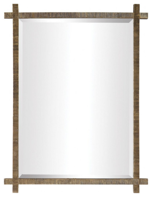 Rustic Rectangular Wall Mirror in Antique Gold Finish Ribbed Texture ...