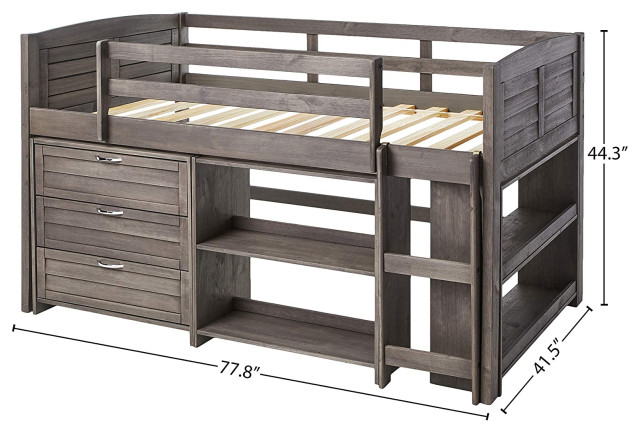 Antique Grey Twin Loft Bed, Safety Guard, Slat Support, 3 Storage ...
