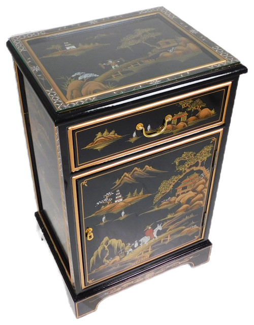 Black Lacquer Oriental End Table With Landscape Painting - Asian - Side ...