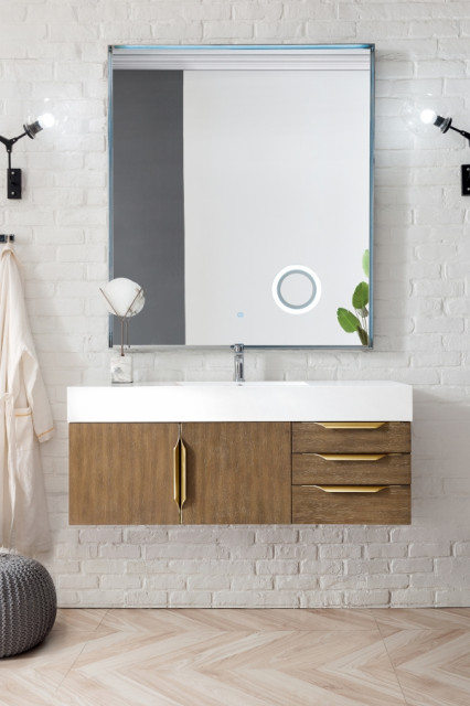 48 Inch Modern Oak Floating Single Bathroom Vanity Gold Metal Base ...