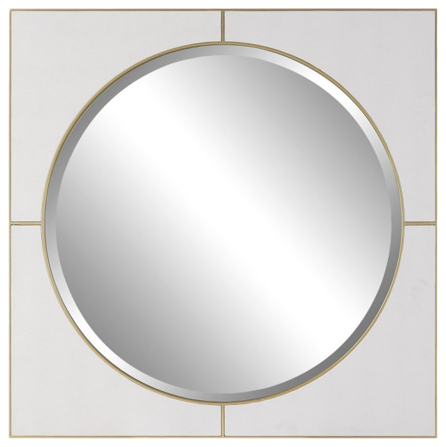 Modern Round Wall Mirror, Soft Gold Square White Faux Shagreen Leather ...