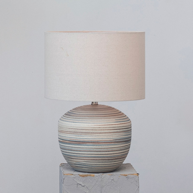 Stoneware Table Lamp With Stripes and Linen Shade, Multicolor - Beach ...