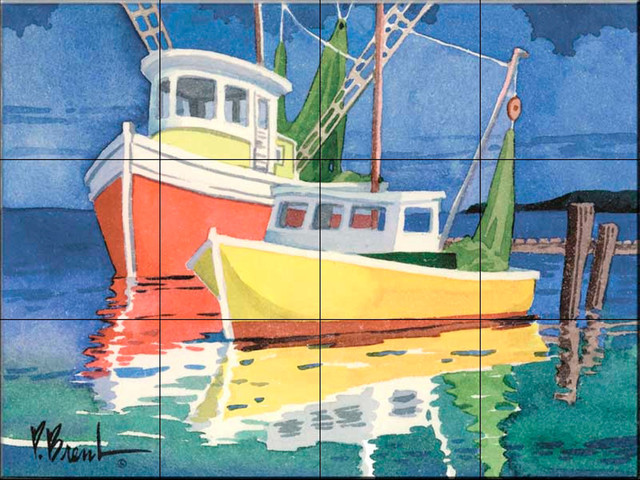 Tile Mural, Fishing Boats At Dock by Paul Brent, 17" x 12.75" (12 Tiles ...