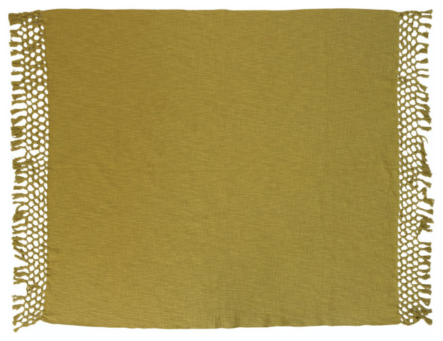Woven Cotton Throw With Crochet and Fringe, Chartreuse - Contemporary ...