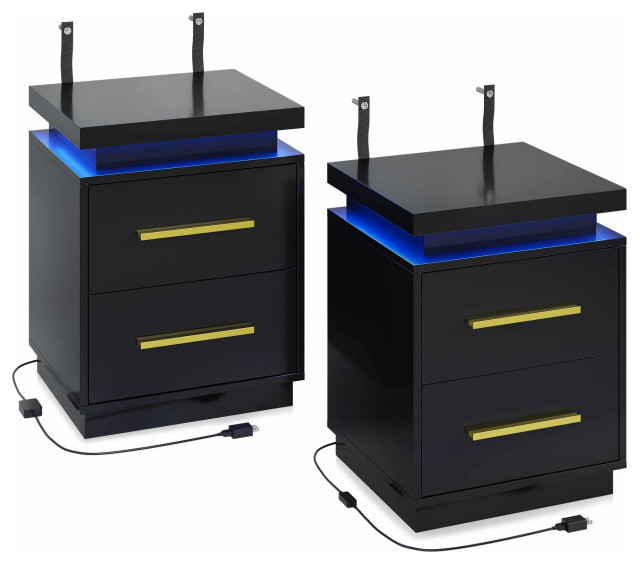 Set of 2 End Tables with RF Remote-Controlled LED Lights, Two Drawers ...