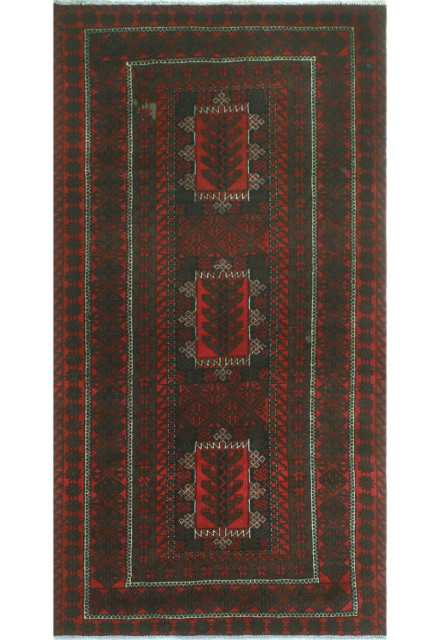 Vintage Distressed Florid Red/Charcoal Rug, 3'10x7'3, 3'10x7'3 ...