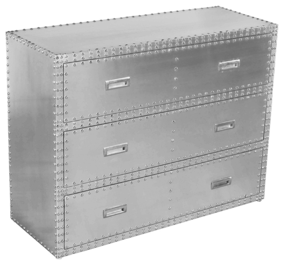 Pilot 3-Drawer Chest with Silver Aluminum Cladding and Decorative Nails ...
