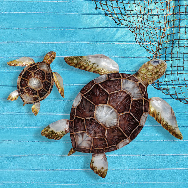 Sea Turtle Wall Decor With Brown Checkered Shell - Beach Style - Metal ...