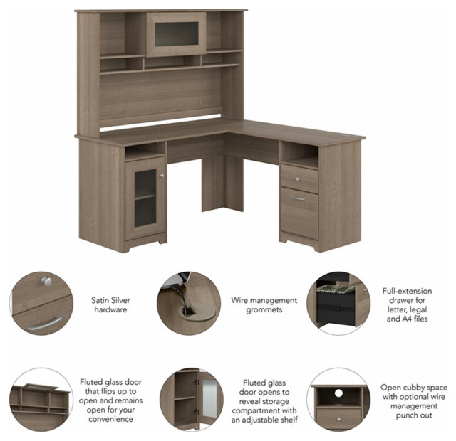 Pemberly Row 60W L Shaped Computer Desk with Hutch in Ash Gray ...
